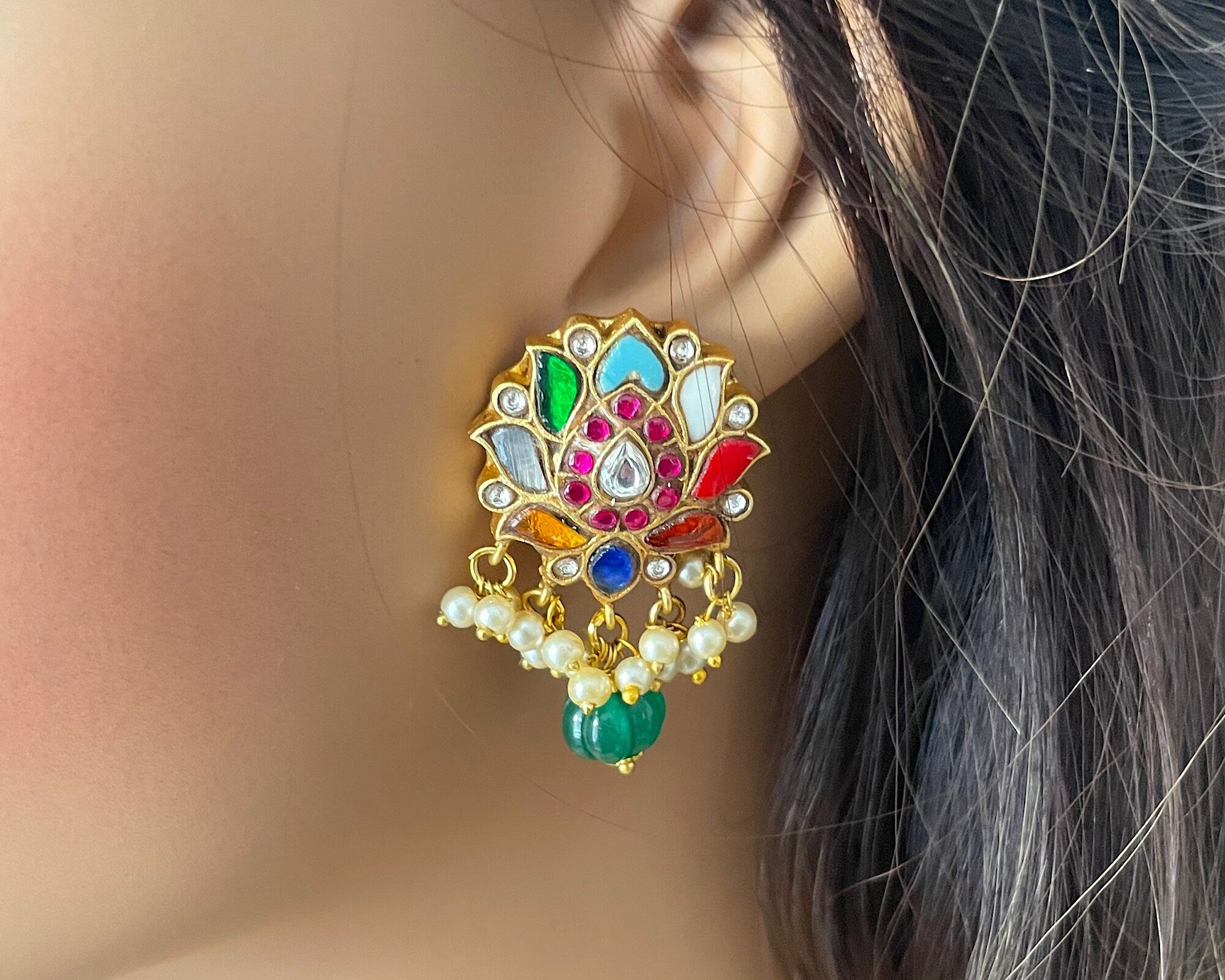 Navratan Stones Kundan Studs Indian Jewelry Indian Earrings Kundan Earrings Kundan Jewelry Jewelry Navratan Studs