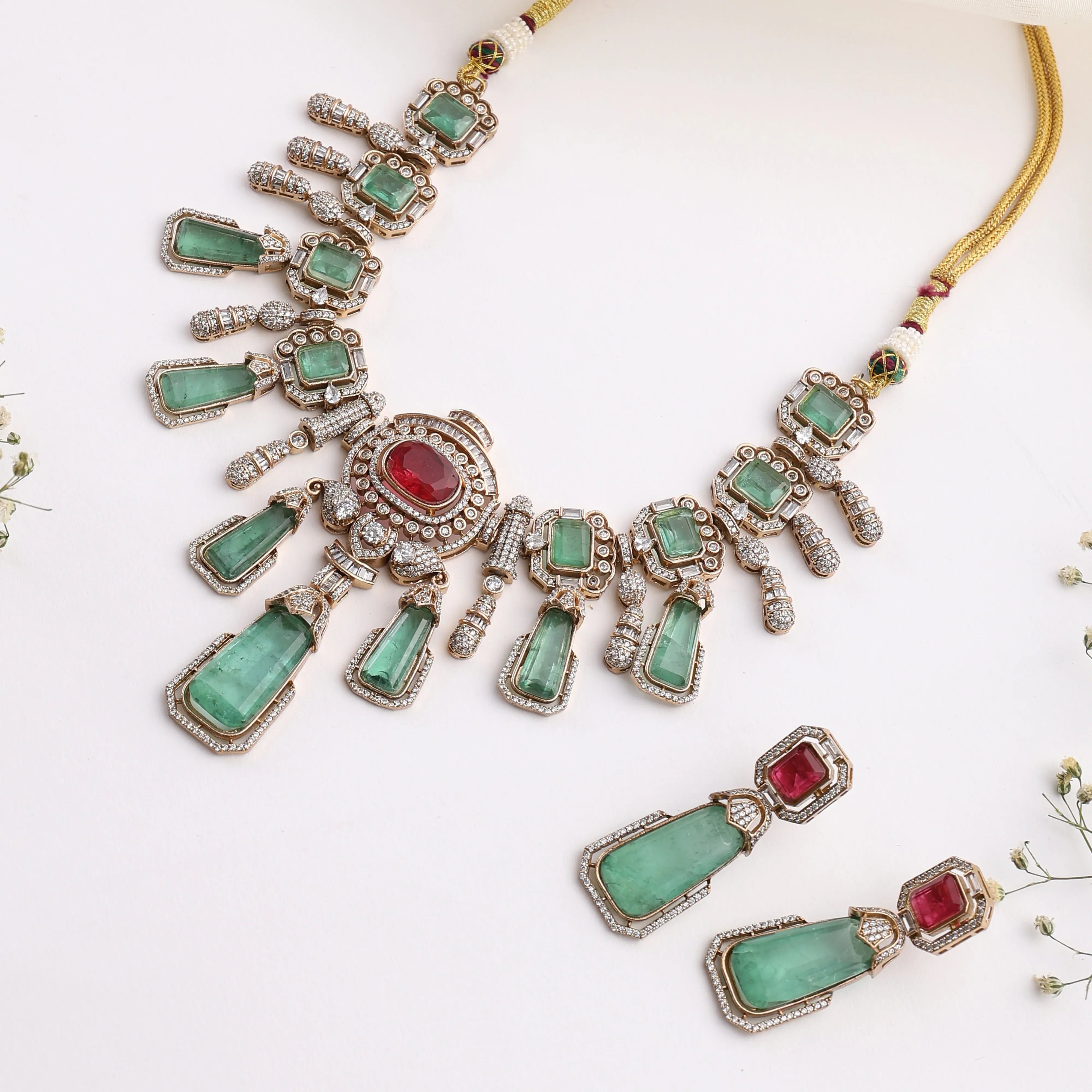 Elara Mint Ruby Royale Necklace Set | Antique Gold Plated Mint Doublet ...