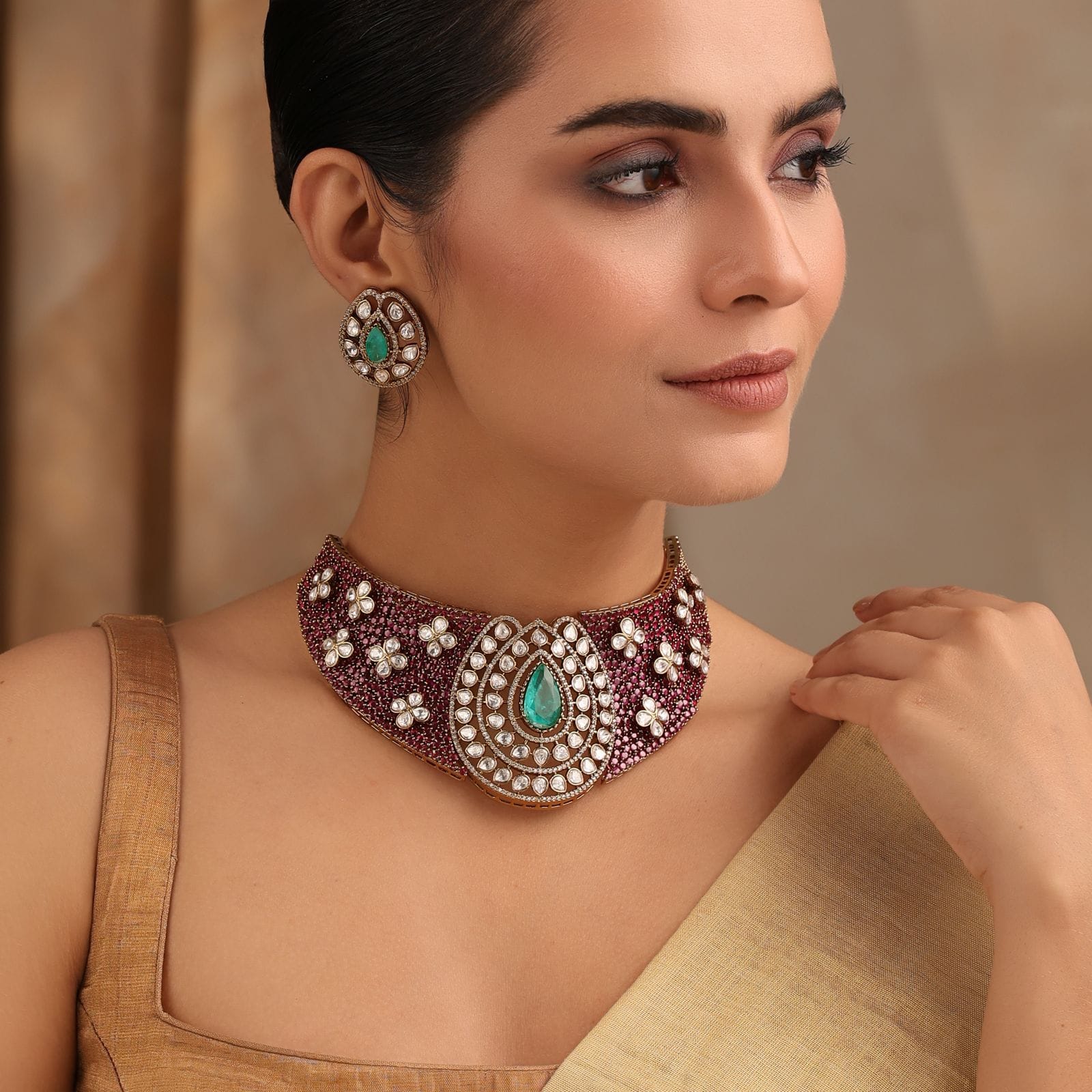 Noorani Ruby Mint Choker in Antique Finish with Earrings | MyRivaaz